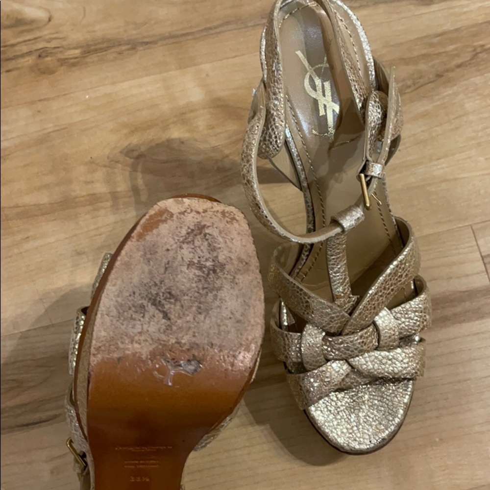 100% Authentic Ysl Tribute Platform Gold Heels W/ Woo… - Gem